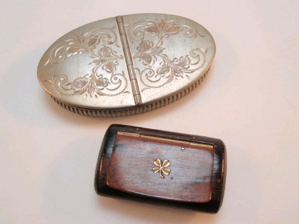A pewter oval two-section snuff box by W. & Co. Sharrow