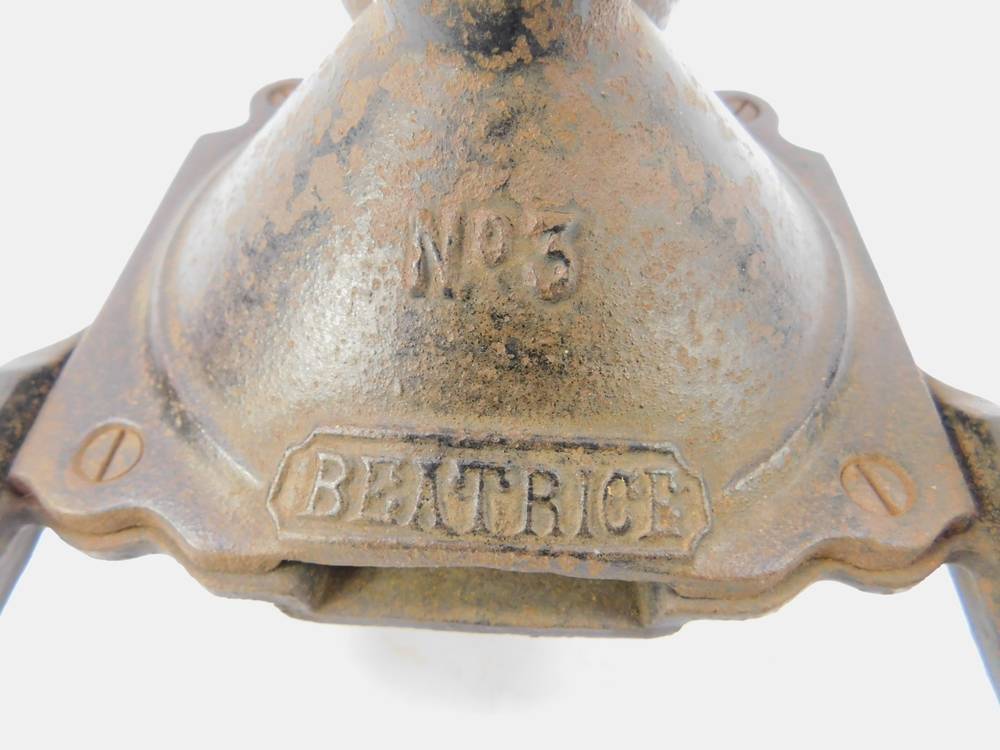 A Beatrice No 3 cast iron wall mounted meat mincer, 36cm H.