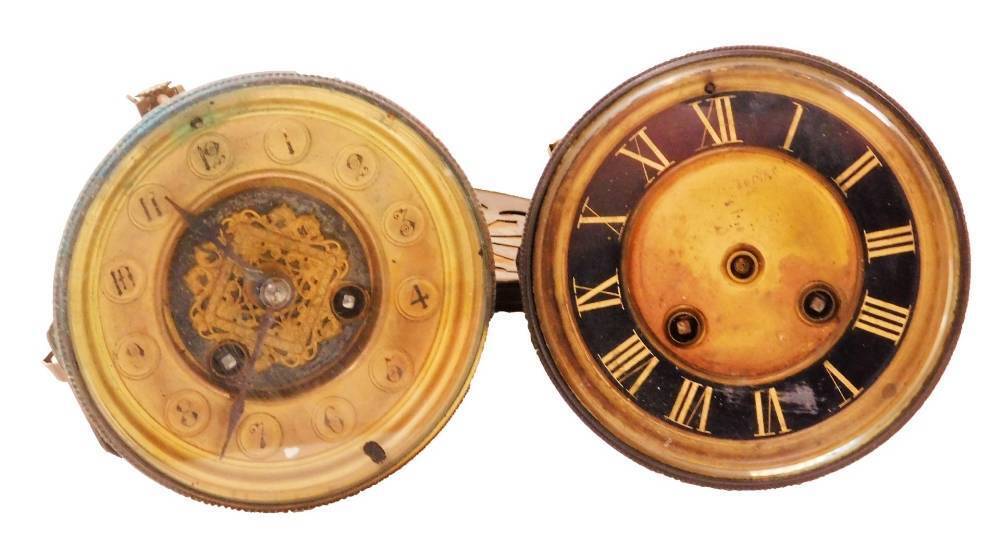 Two brass 8-day clock movements, one with 11cm Dia. Arabic dial and ...