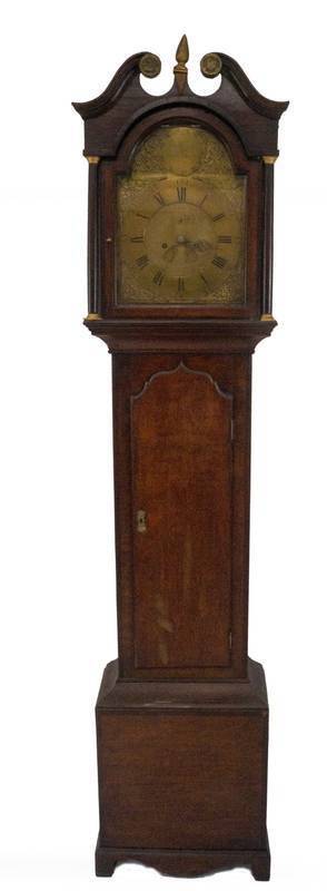 An early 19thC oak and mahogany crossbanded longcase clock, with swan ...