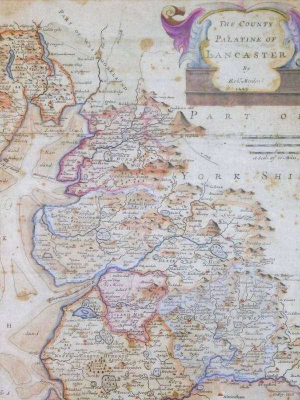 After Robert Morden. The County Palatine of Lancaster map, in colours ...