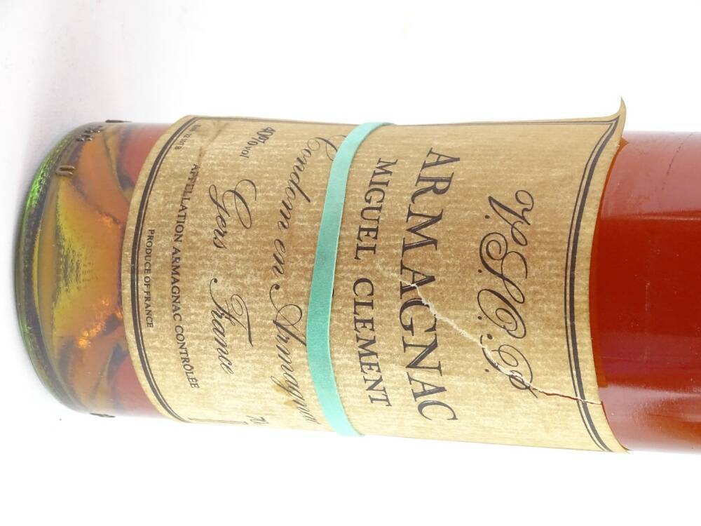 A bottle of VSOP Muguel Clement armagnac. (label AF)