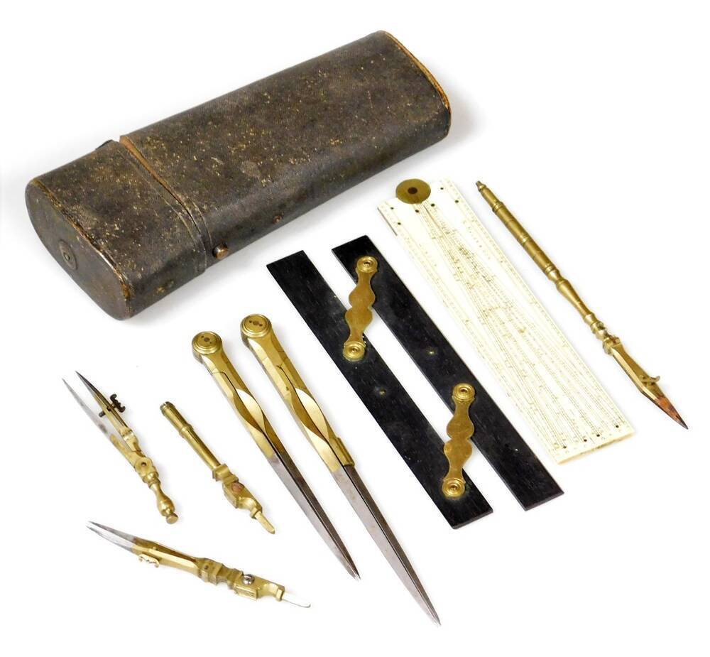 A set of 19thC drawing instruments, to include an ivory folding ruler ...
