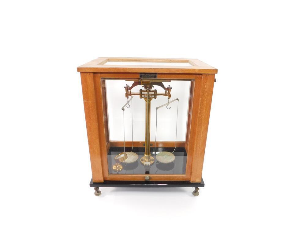 A set of Paul Bunge of Hamburg brass laboratory balance scales, oak ...