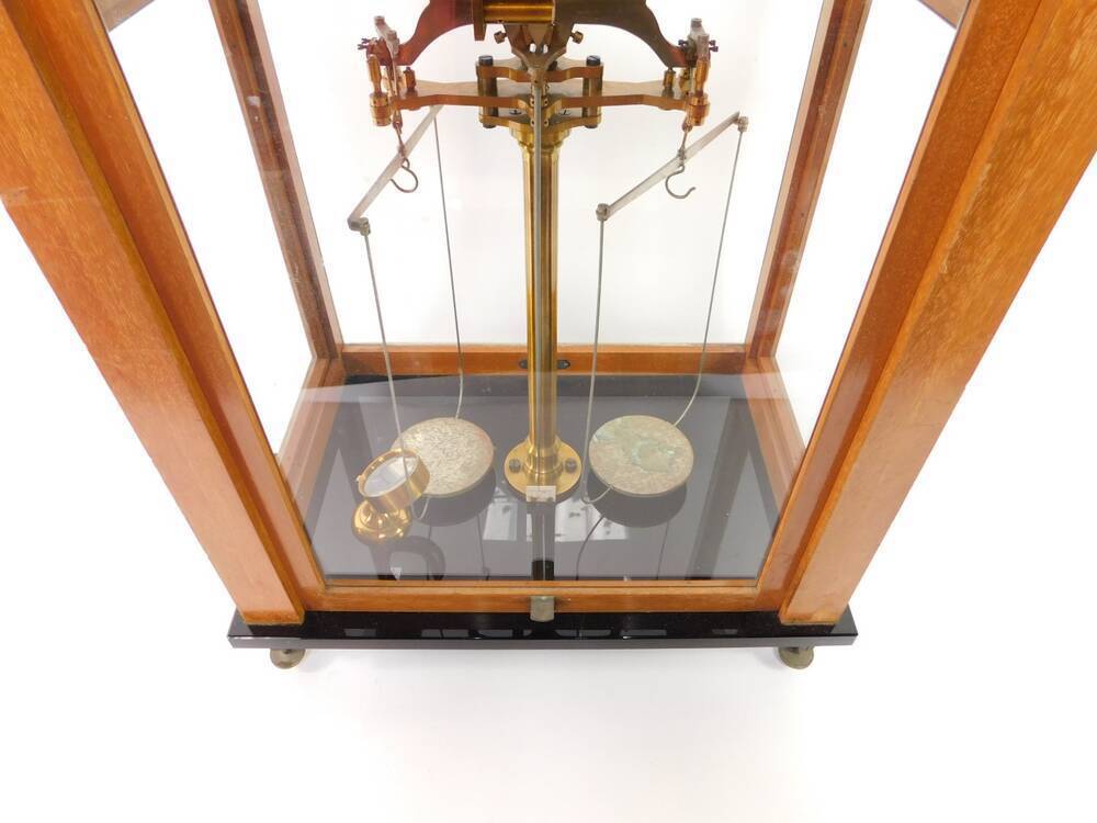 A set of Paul Bunge of Hamburg brass laboratory balance scales, oak ...