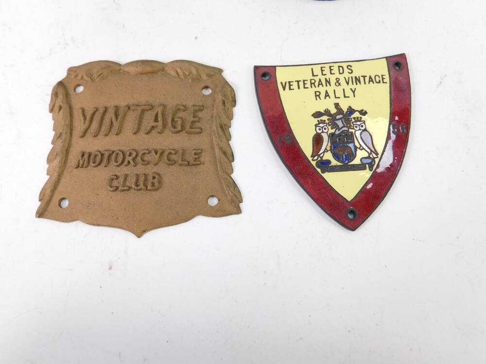 A Leeds Veteran Vintage Rally badge, vintage Motorcycle Club badge, and ...