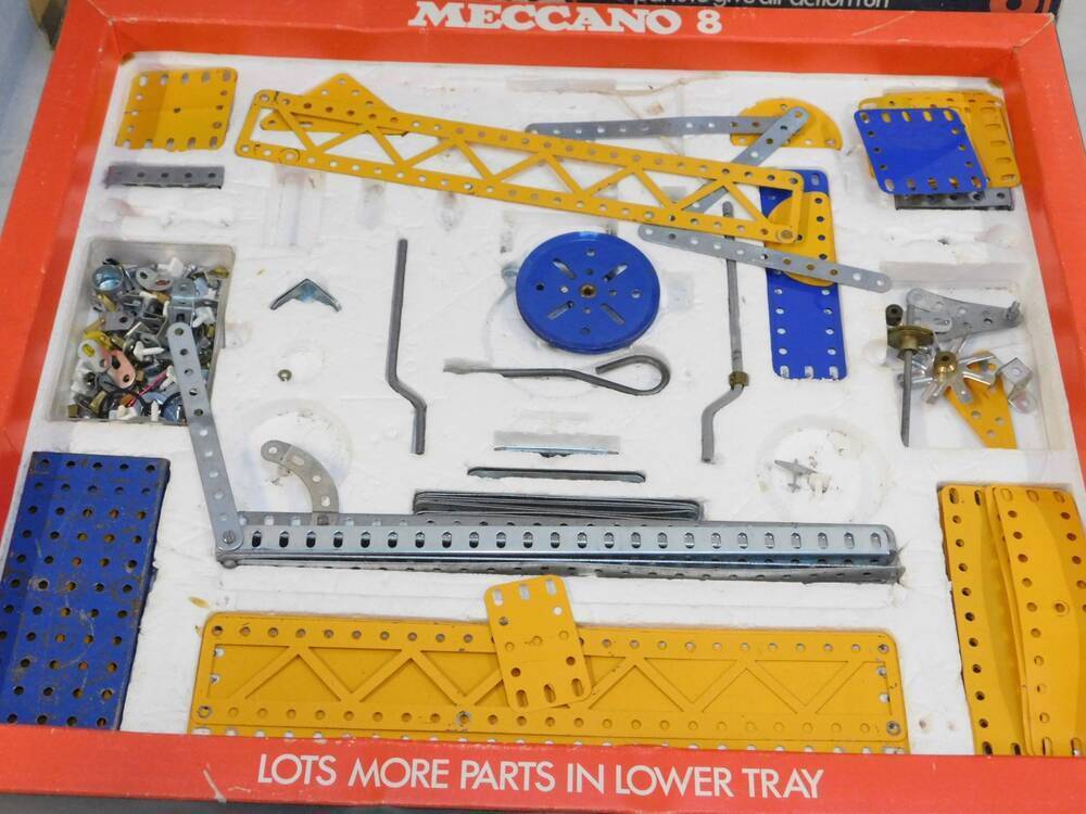A Meccano set No.8, boxed, Electric Motor E15R, boxed, and a small ...