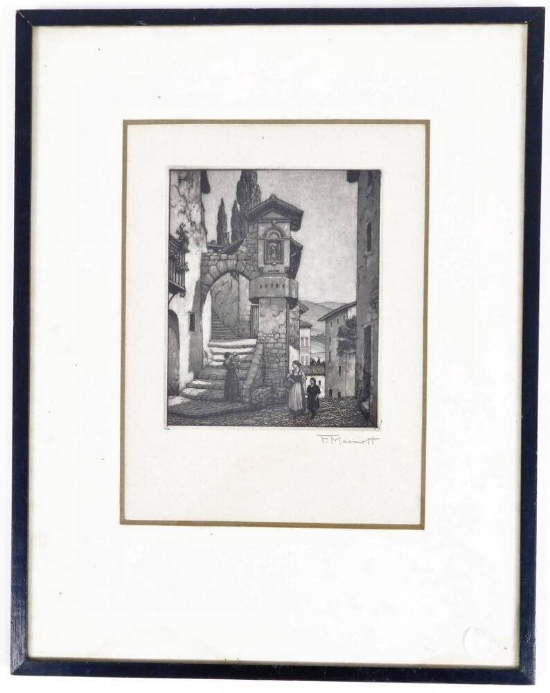 F Marriott (1860-1941). Continental scene, figures on a stone stairwell, etching, signed lower ...