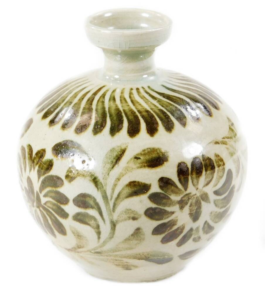 A Korean type pottery Koryo design vase, with a squat stem and a ...