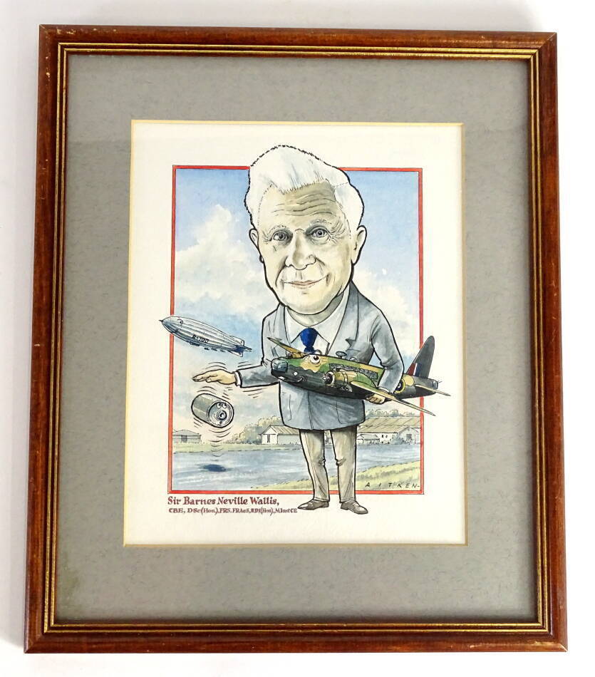 Ken Aitken. Sir Barnes Wallis, colour cartoon caricature, signed, 20cm ...