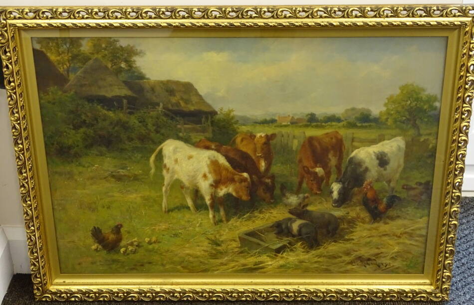 Claude Cardon (1864-1937). Calves, piglets, hens and chicks, oil on ...