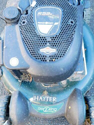 A Hayter R53S petrol lawn mower, by Briggs and Stratton.