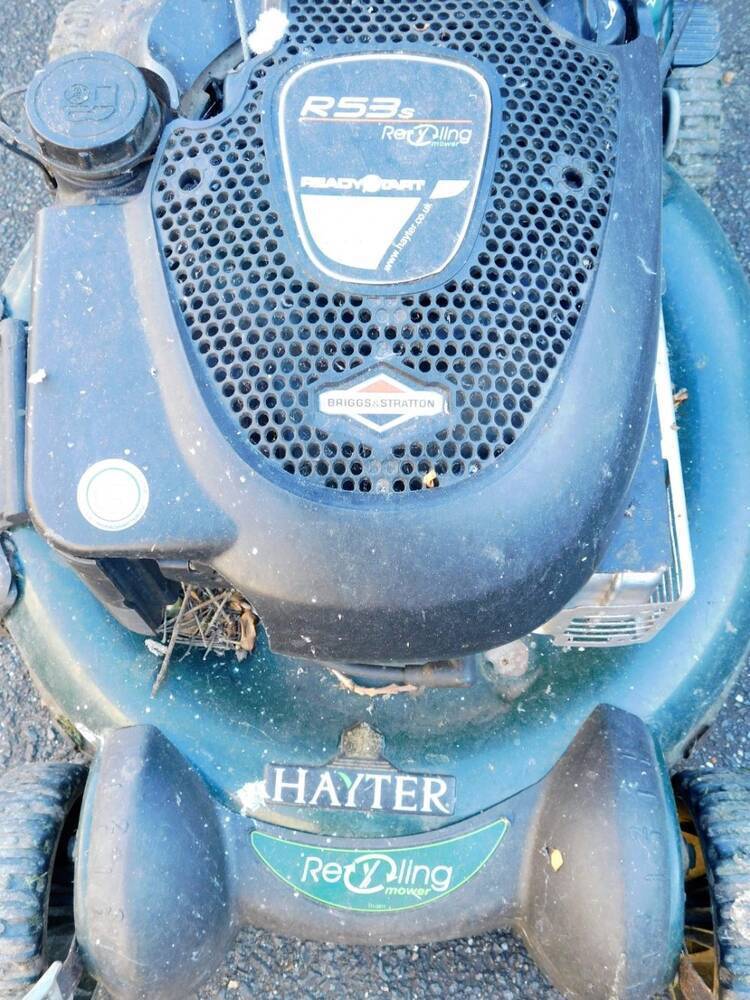 A Hayter R53S petrol lawn mower, by Briggs and Stratton.