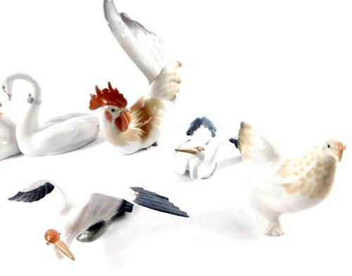 Lladro porcelain figures of birds, including three storks, cockerel and ...