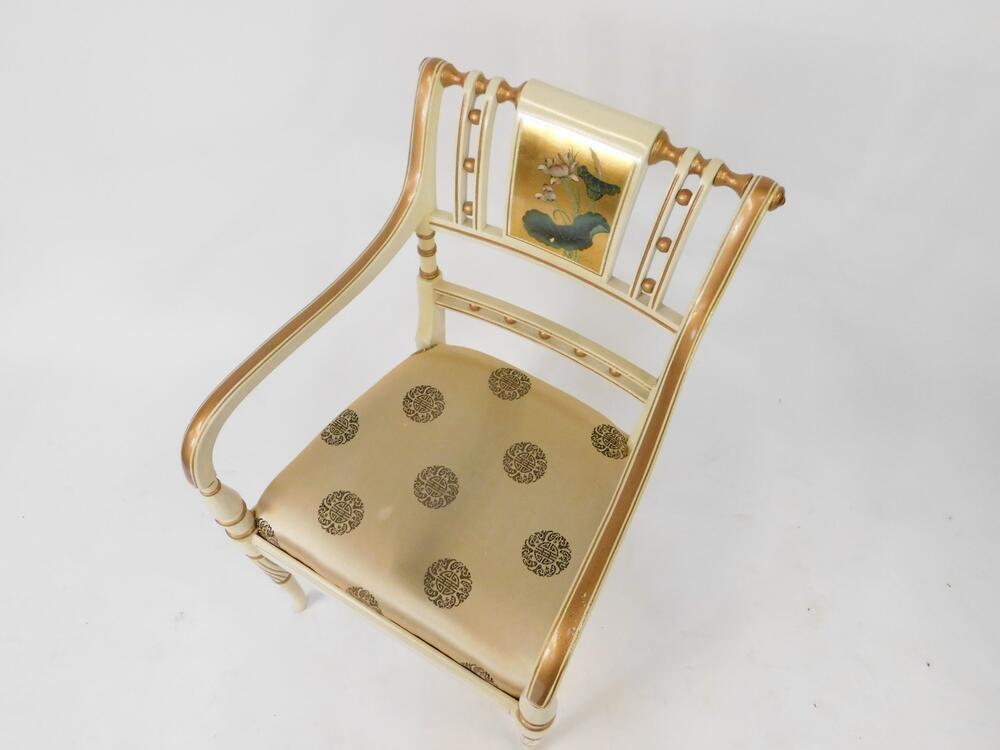 A Chinese Regency style carver chair, cream and gold painted, the back ...