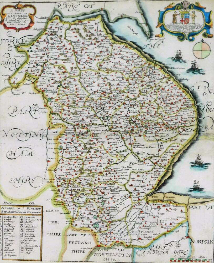 Richard Blome. Britannia 1673 map of Lincolnshire, with later hand ...