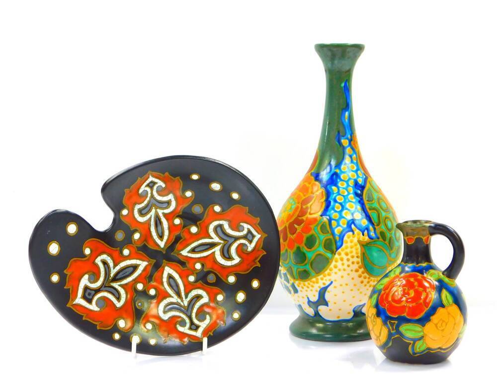 A Gouda Pottery vase, decorated in the Blomen pattern, of baluster form ...