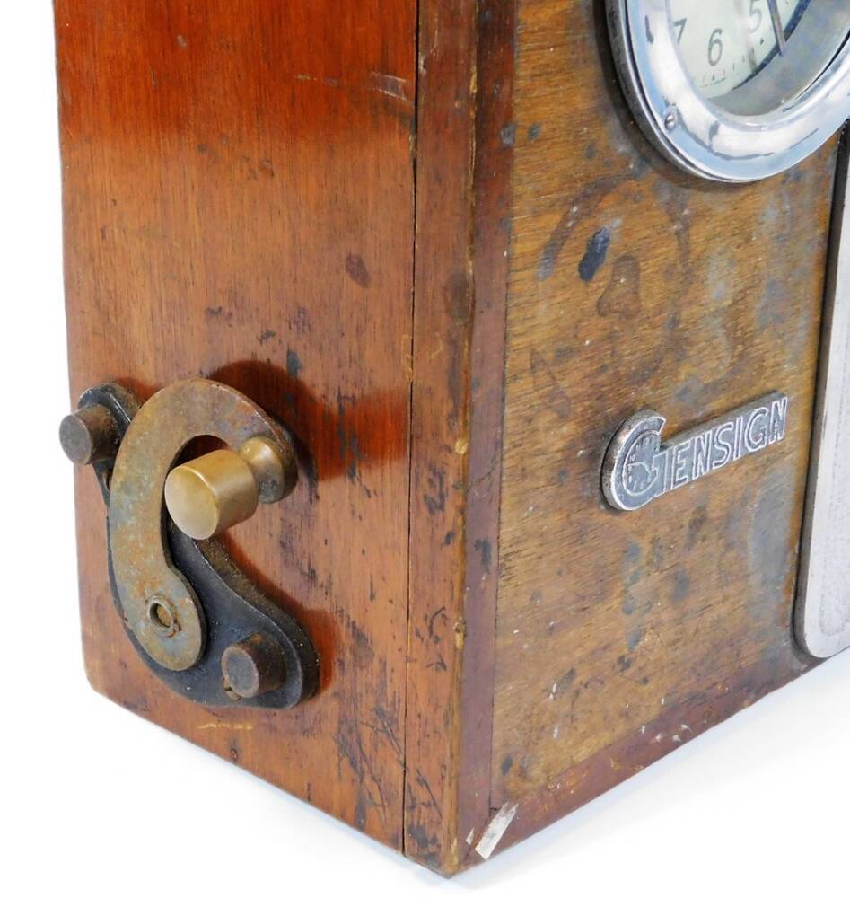 A Gensign mahogany cased pigeon racing timer clock, 32cm high, 35cm wide.