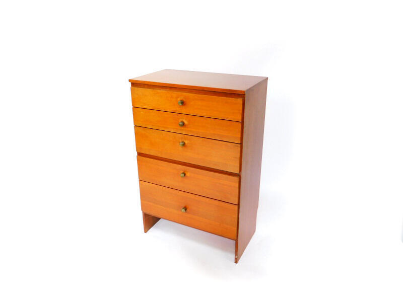 A Meredew teak chest, of five graduated drawers, raised on square ends ...
