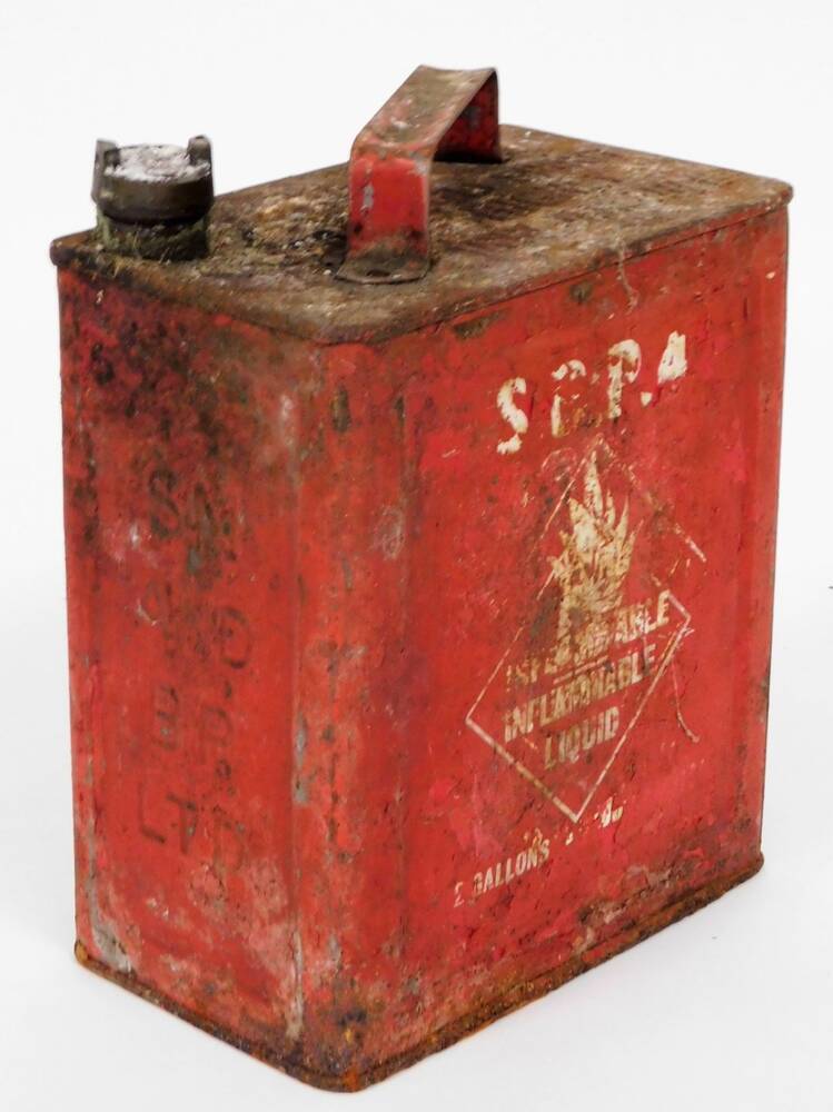Two vintage fuel cans, of rectangular form with fixed handles painted ...