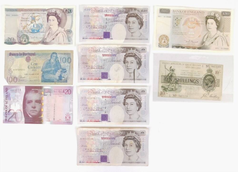 Various bank notes, a fifty pound note Christopher Wren, Somerset ...