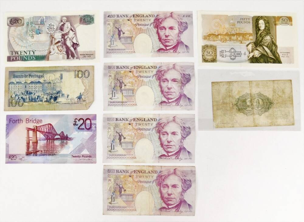 Various bank notes, a fifty pound note Christopher Wren, Somerset ...