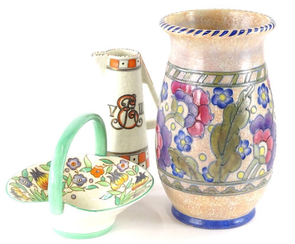 Three items of Charlotte Rhead pottery, a Crown Ducal vase with tube ...
