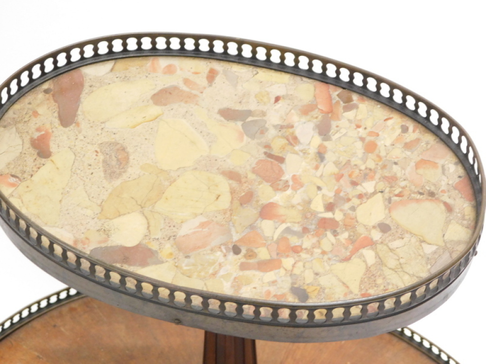 A late 19th/ early 20thC French two tier etagere, the oval galleried ...