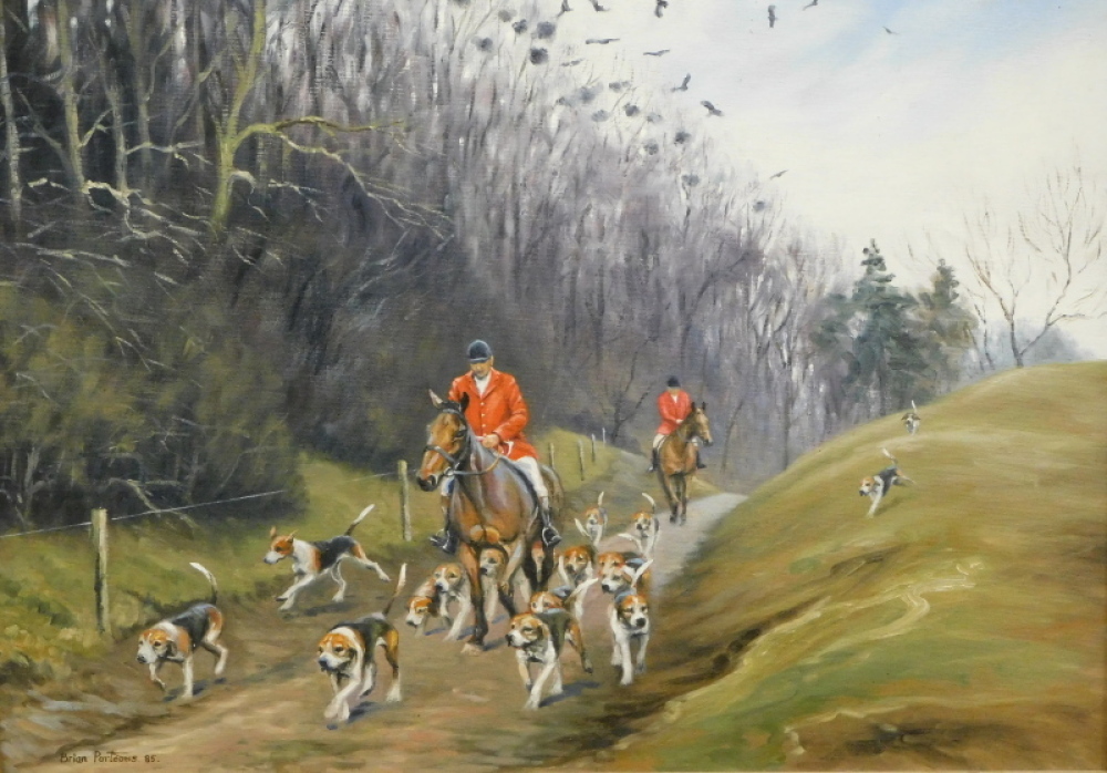Brian Porteous (fl.1985). Huntsmen and hounds in a country lane, oil on ...