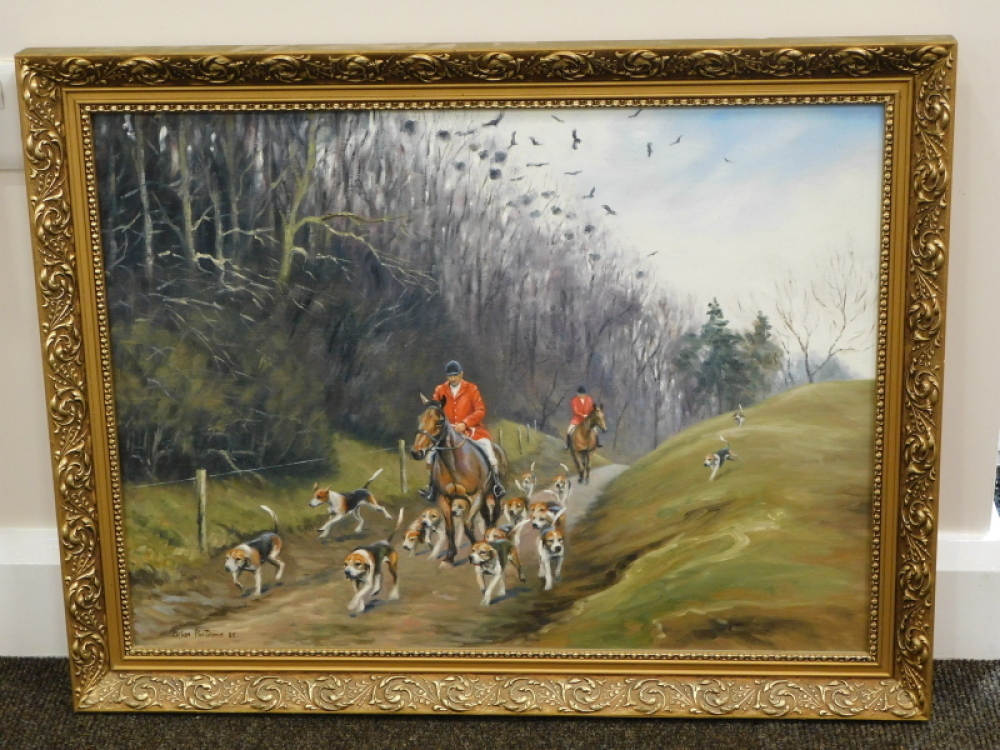 Brian Porteous (fl.1985). Huntsmen and hounds in a country lane, oil on ...