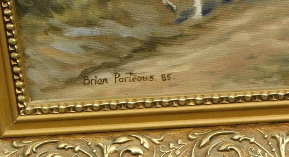 Brian Porteous (fl.1985). Huntsmen and hounds in a country lane, oil on ...