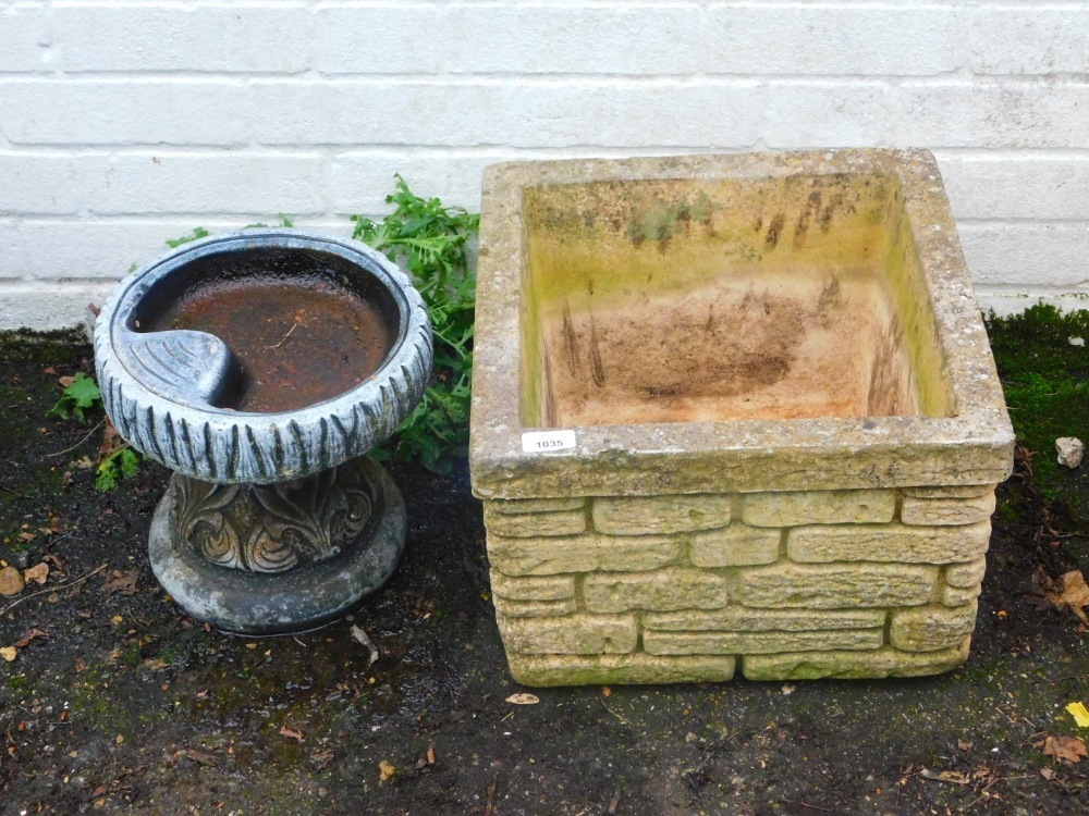 Various planters etc, a plinth base raised with fruit 40cm high ...