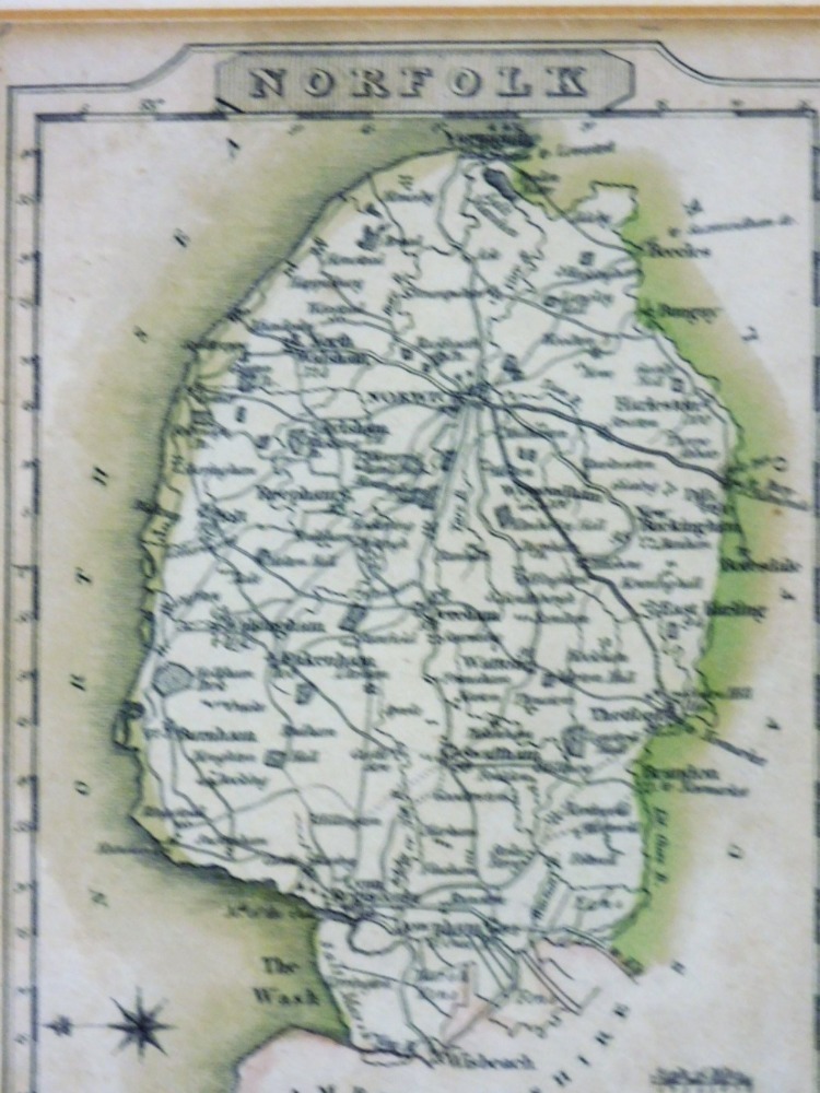 Three framed maps of Norfolk, to include two J Wallis Norfolk colour ...