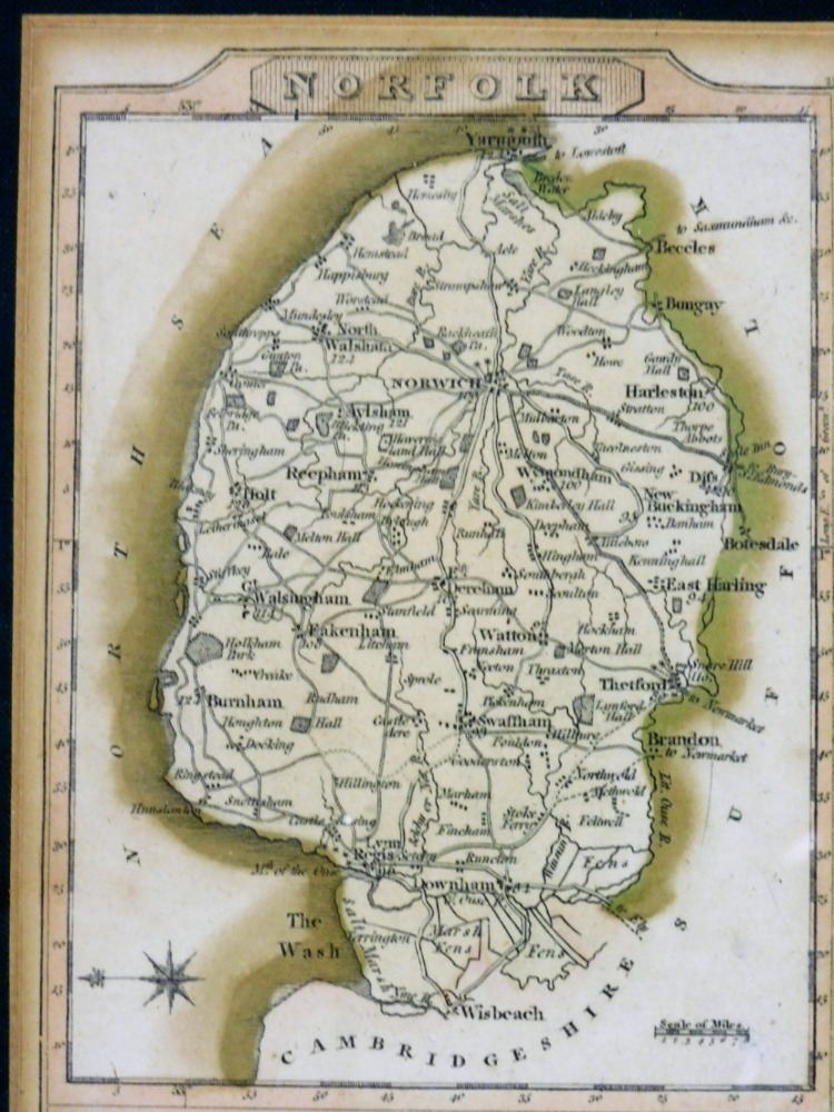 Three framed maps of Norfolk, to include two J Wallis Norfolk colour ...