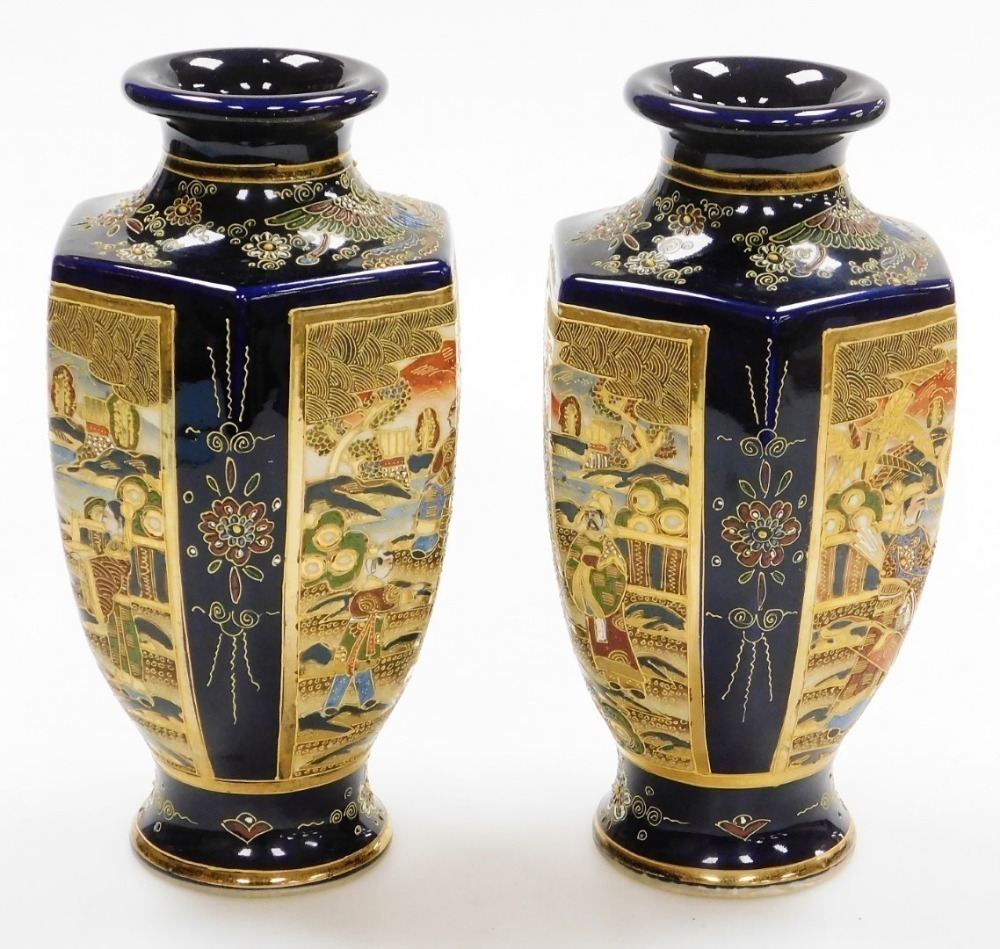 A pair of 20th Japanese Satsuma hexagonal baluster vases, decorated ...