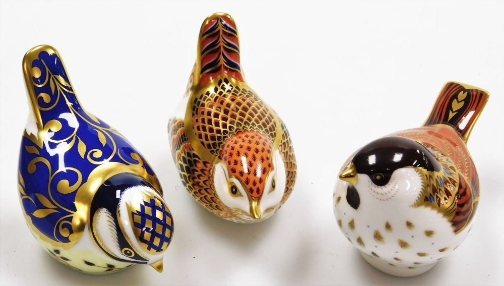 Three Royal Crown Derby bird paperweights, to include willow tit with ...