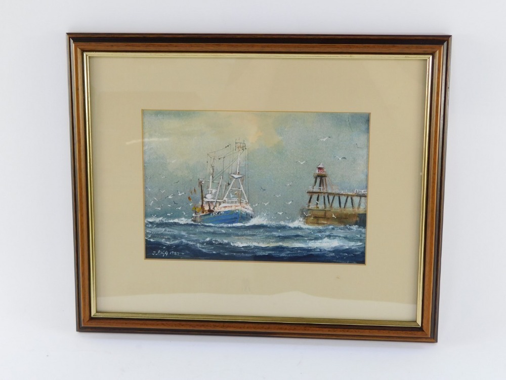 Jack Rigg (British, b.1927). Trawler entering harbour, watercolour and ...