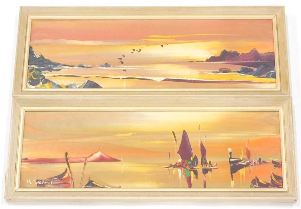 George R Deakins (1911-1982). Calm seascape, boats before hills, oil on ...