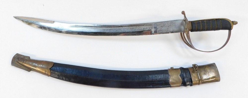 An Indian short sword, with engraved blade, and wire bound leather grip ...