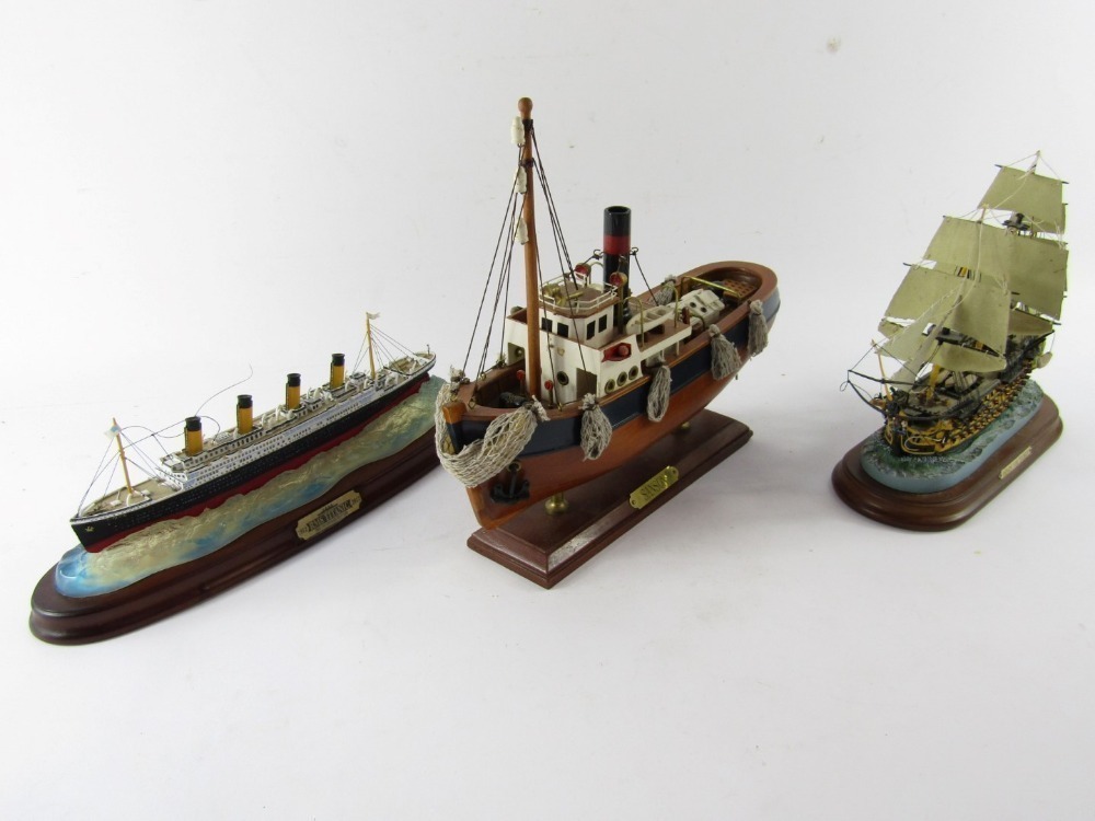 Three ship models, comprising RMS Titanic, Samson and HMS Victory.