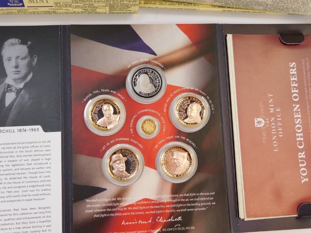 A Winston Churchill Five Iconic Portraits commemorative coin set, and a ...