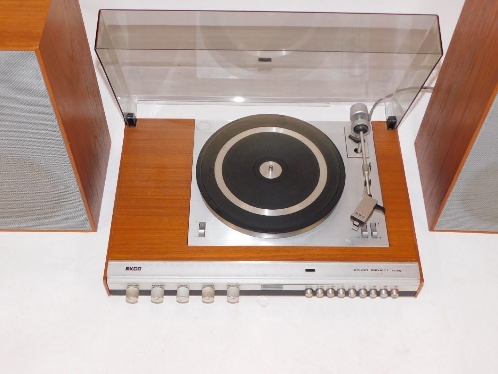 An Echo EKCO sound project ZU5G record player, and a pair of speakers.
