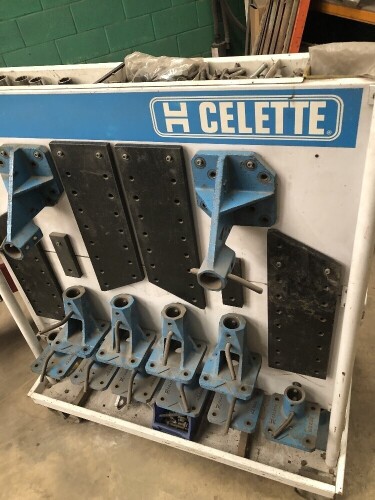 A Celette body jig, with beams and towers and a Calman dozer.