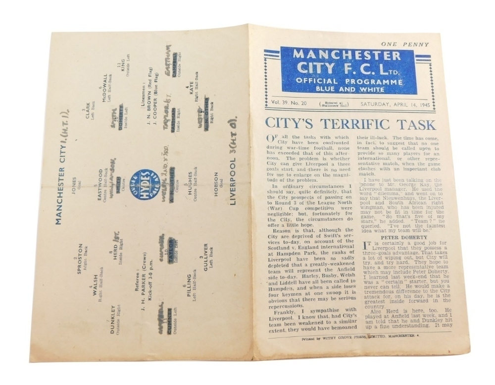 Football programme, Manchester City 1945 v. Liverpool.