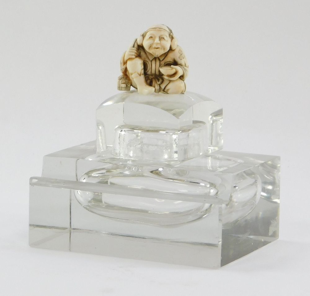 A Victorian cut glass inkwell, of rectangular section, the lid later ...