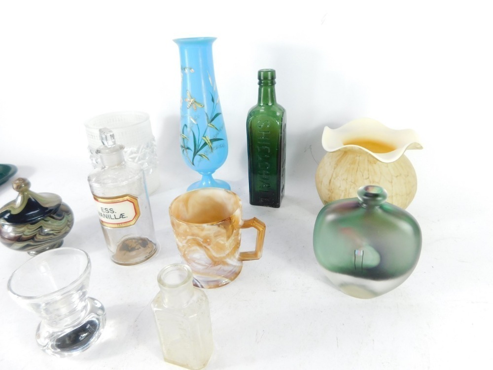 A group of 19thC and later glass, to include a turquoise glass vase ...