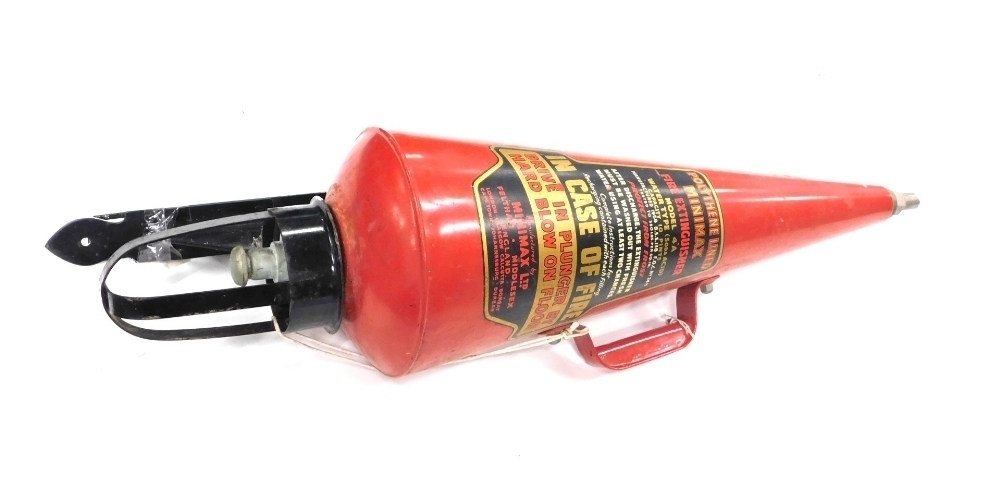 A vintage cone shaped fire extinguisher, with metal mounts, 77cm high.