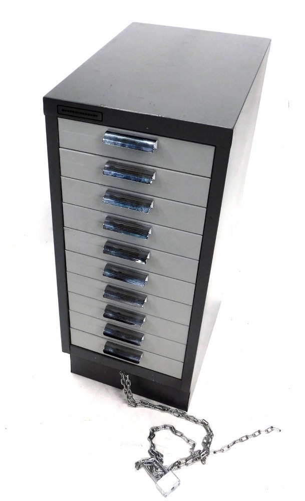 A Myers Kingsbury ten drawer metal narrow office cabinet 70cm high 28cm wide 38cm deep