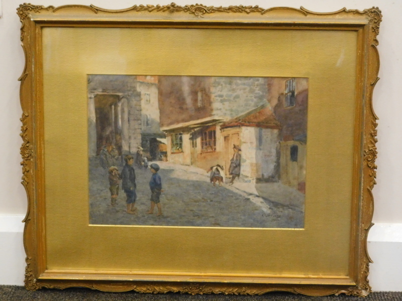 Albert George Stevens (1863-1925). Street scene, children on a path ...