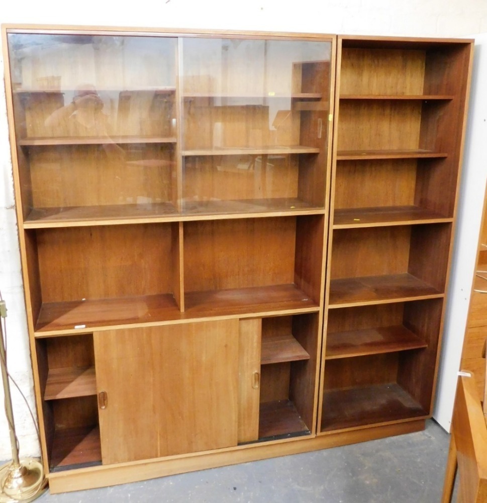 A mid century G-Plan type display cabinet, the top with glass sliding ...